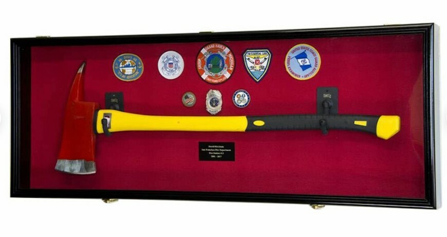 Axe Display Case Walnut & Blue Wood Firefighter Fireman Badge Cabinet ...