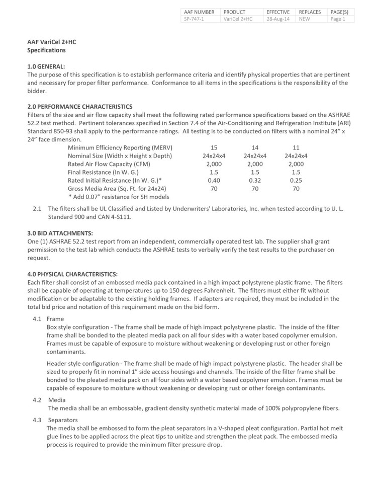 AAF VariCel® 2+ HC SH STD AF 3102041-808 Marv 14 24x24x4 Air Filter | eBay