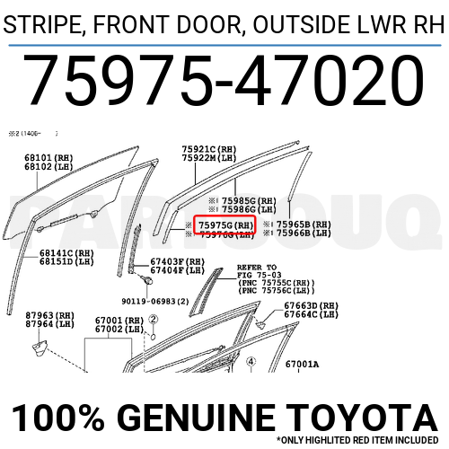 7597547020 Genuine Toyota STRIPE, FRONT DOOR, OUTSIDE LWR RH 75975 ...