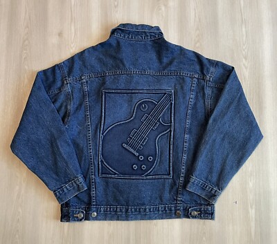 Vintage Tyca Denim Jean Jacket Guitar Embossed made in USA Trucker Mens ...