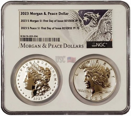 2023-S Reverse Proof MORGAN N PEACE DOLLAR NGC PF70 FDOI Dual Coin Set ...