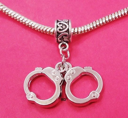 Police 3 D Handcuff Charm on Heart Print Slider Bead for Bracelets or ...