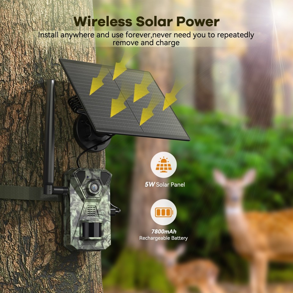 4G LTE Solar&Battery Trail Camera 4K Bluetooth Wildlife Hunting Cam 64G ...