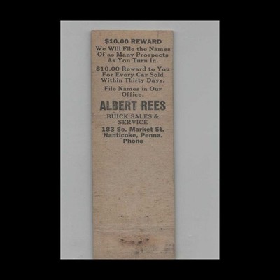 Matchbook Cover Buick Dealer Albert Rees Buick Nanticoke PA | eBay