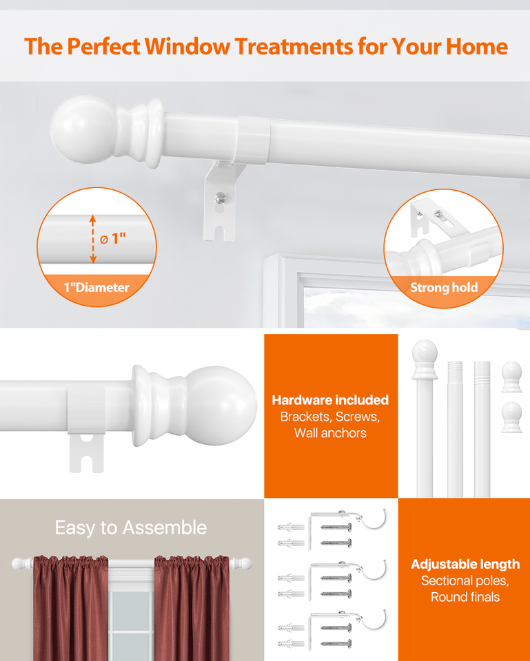 Rod For Window size 28~48" long HD Metal 1" Dia. Window Curtain Rod ...