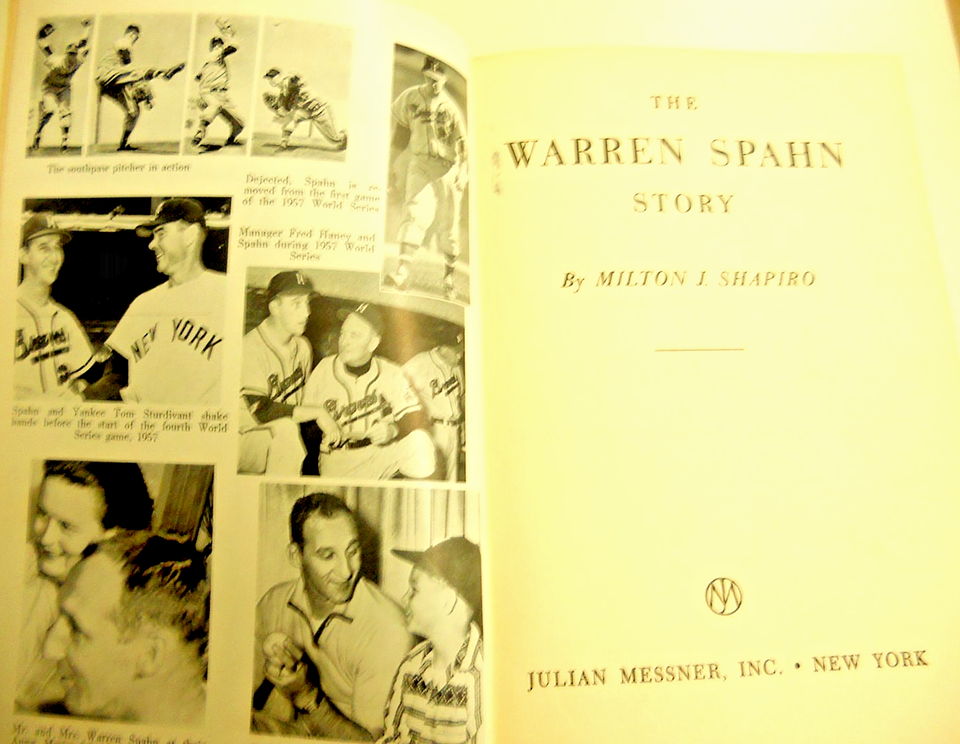 3 Vintage Warren Spahn Baseball Items: '58 Hardback Book, '63 pinback ...