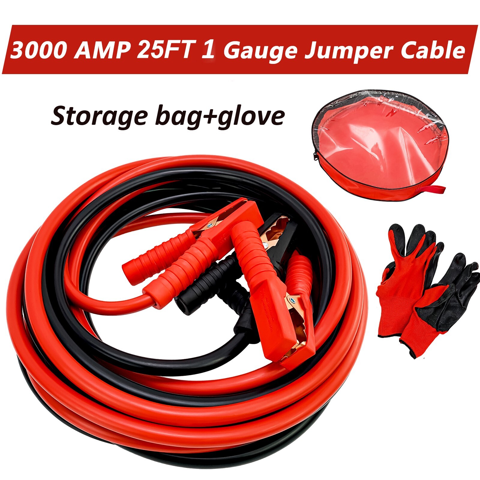 25Ft Auto Jumper Cables 1 Gauge 3000AMP , Automotive Booster Cables for ...
