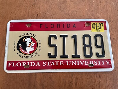 2007 Florida State University License Plate Tag SI189 Seminoles ...