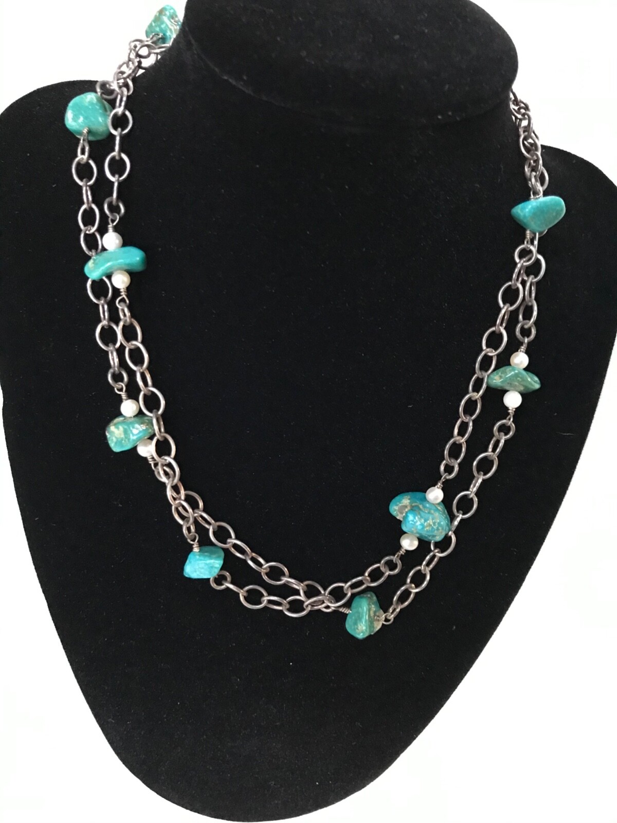 Genuine turquoise, pearls & sterling silver link stat… - Gem