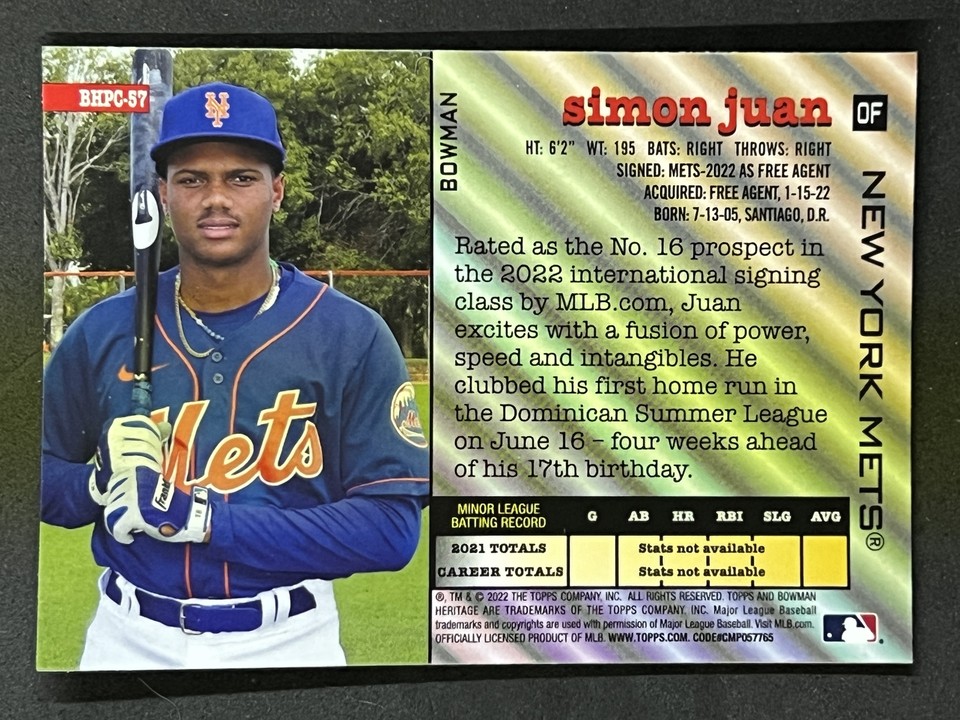 SIMON JUAN 2022 Bowman Heritage Chrome #BHPC-57 New York Mets | eBay