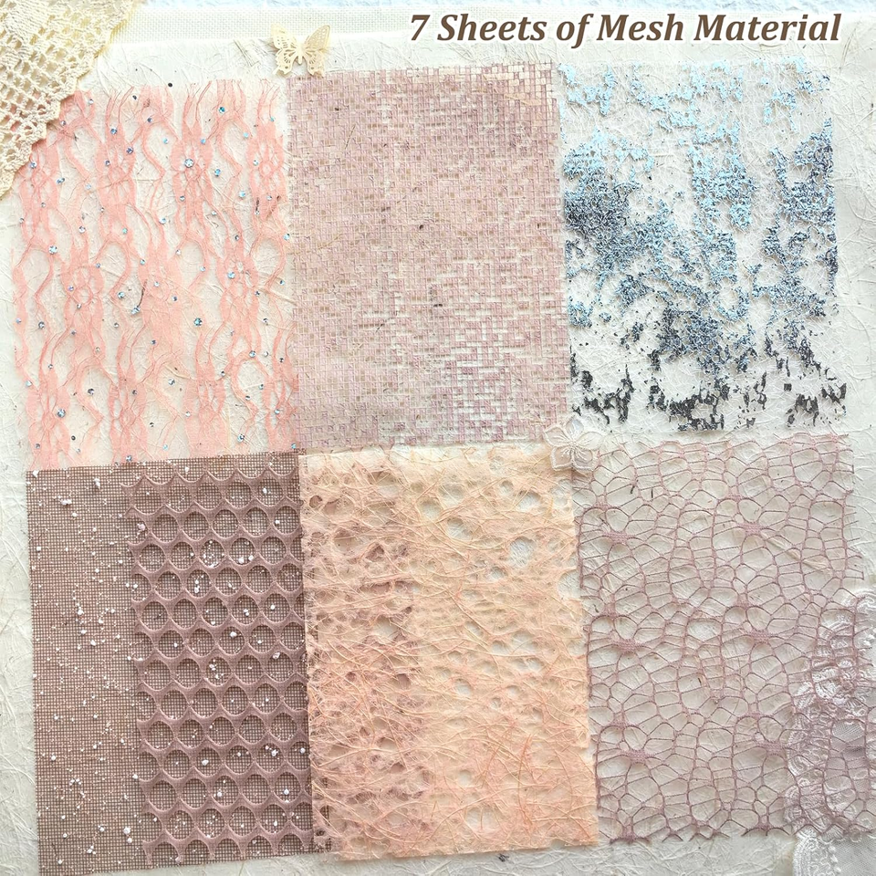 20 Unique A5 Textured Scrapbook Paper & Mesh Fabric Set, Handmade Craft ...