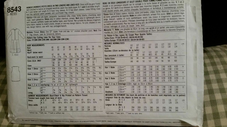 Simplicity 8543 size 26W to 32W Plus Size Woman Petite Dress Lined Vest ...