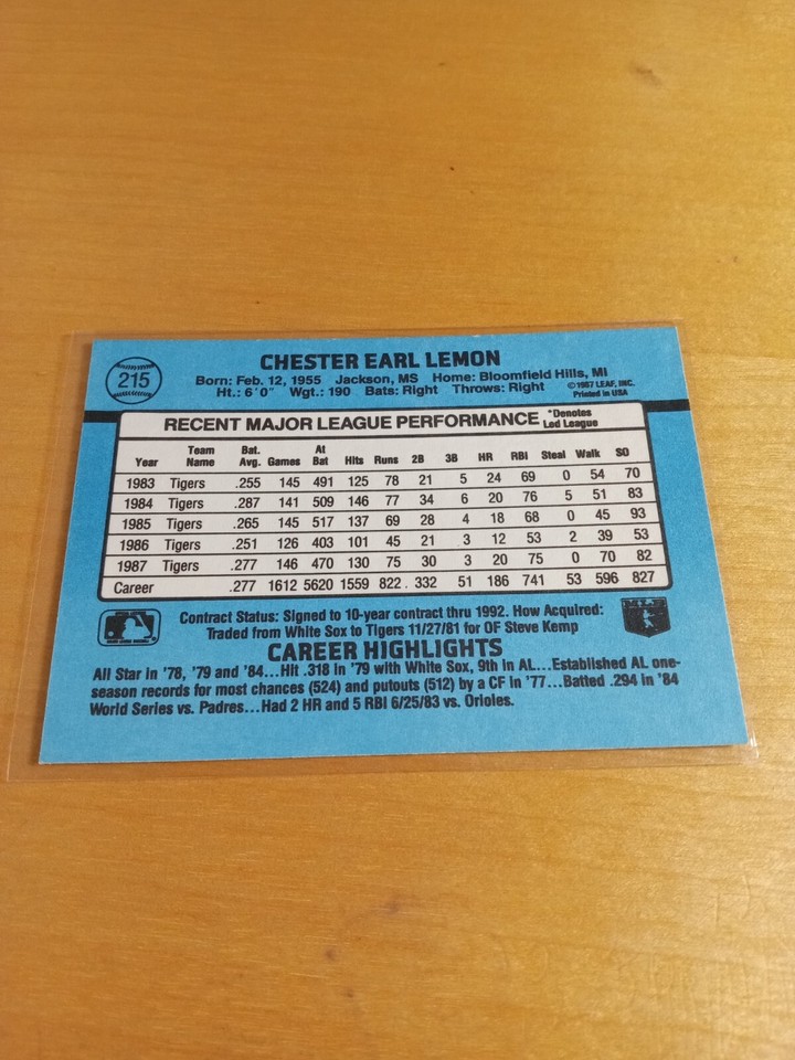 1988 DONRUSS #215 CHET LEMON Detroit Tigers Baseball Card, Outfield ...