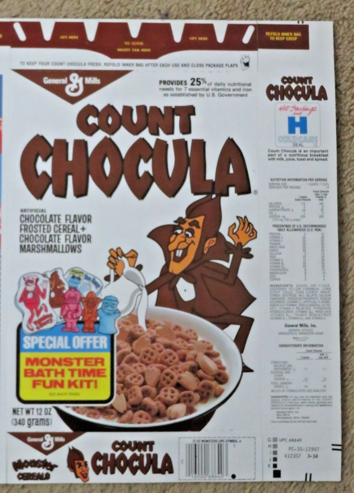 Vintage General Mills Count Chocula Cereal Box 1984 mint prod flat GEM ...