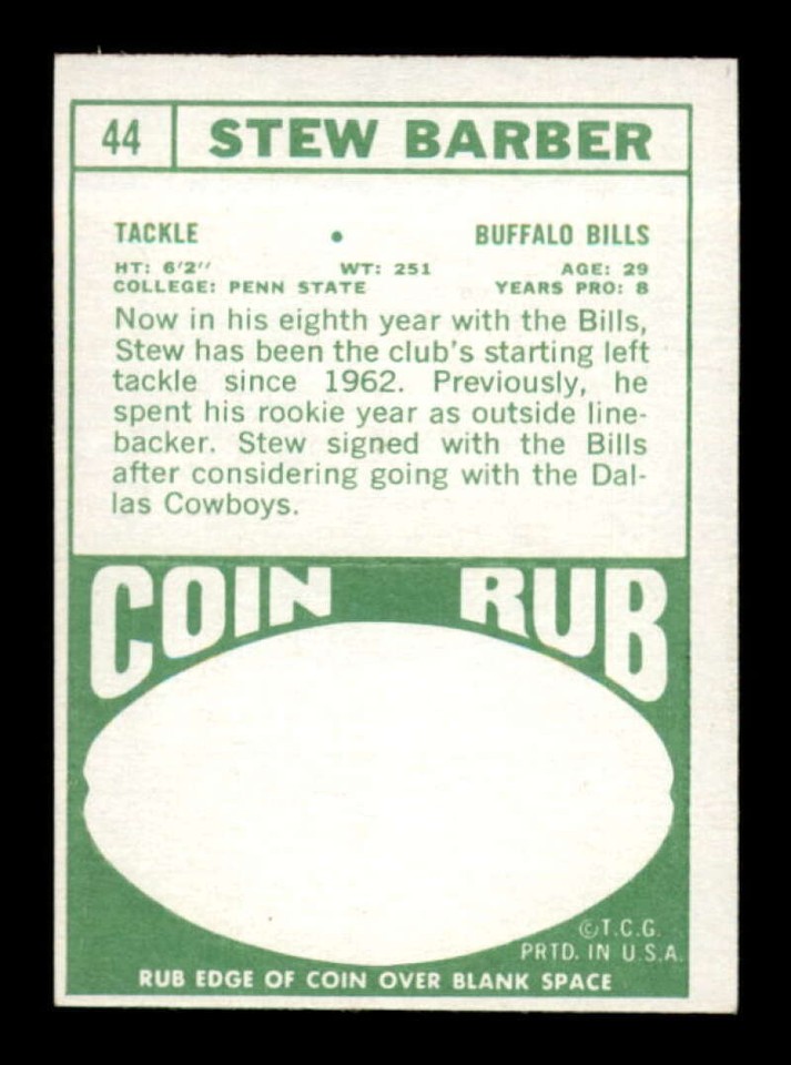 1968 Topps #44 Stew Barber VGEX Bills 563022 | eBay