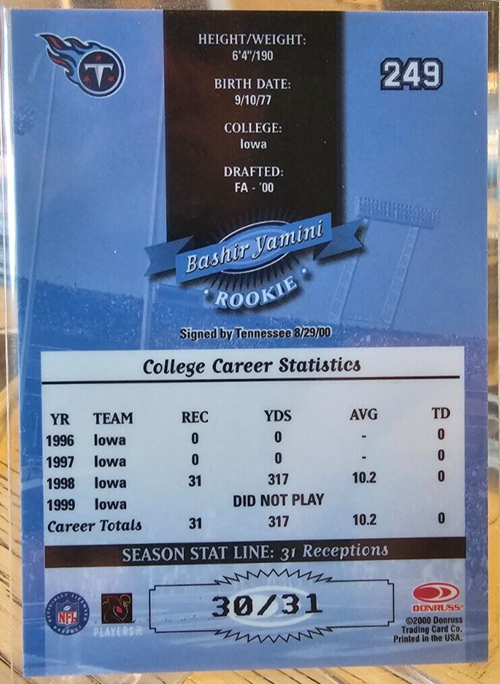 2000 Donruss Bashir Yamini Season Stat Line 30/31 #249 RC Tennesee ...