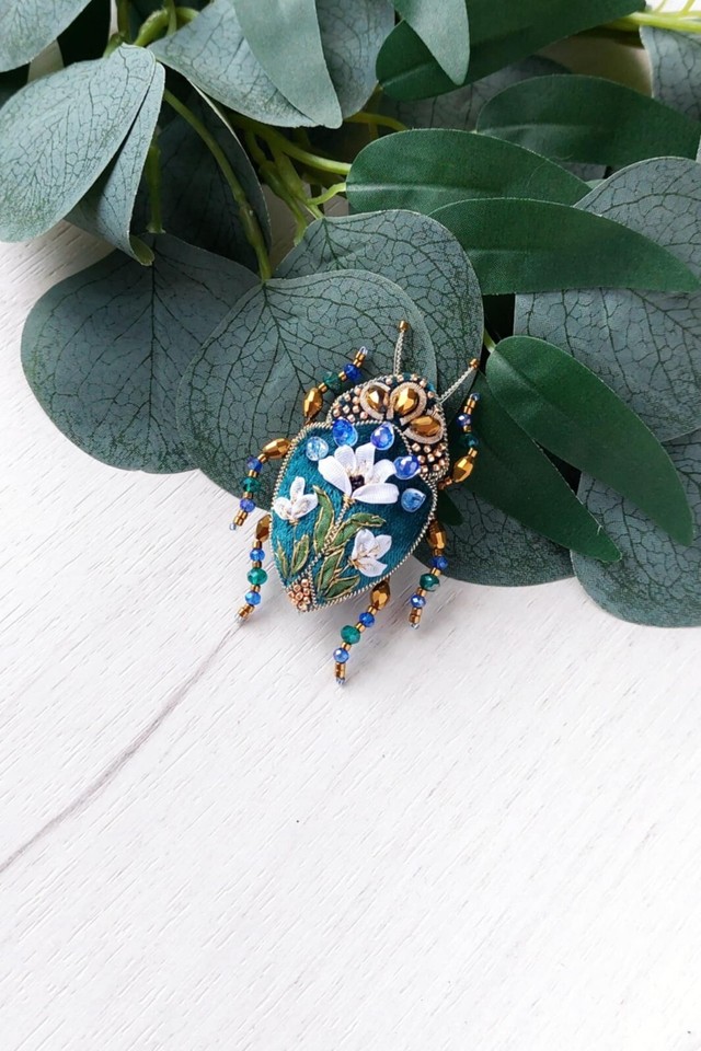 Beetle brooch pin Beaded bug jewelry for women Insect Scarabaeus pin ...