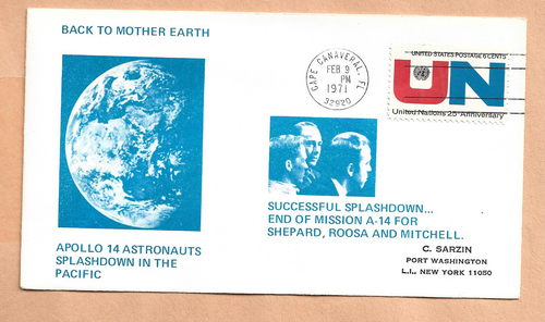 APOLLO 14 SPLASHDOWN IN PACIFIC FEB 9,1971 CAPE SARZIN SPACE COVER NASA ...