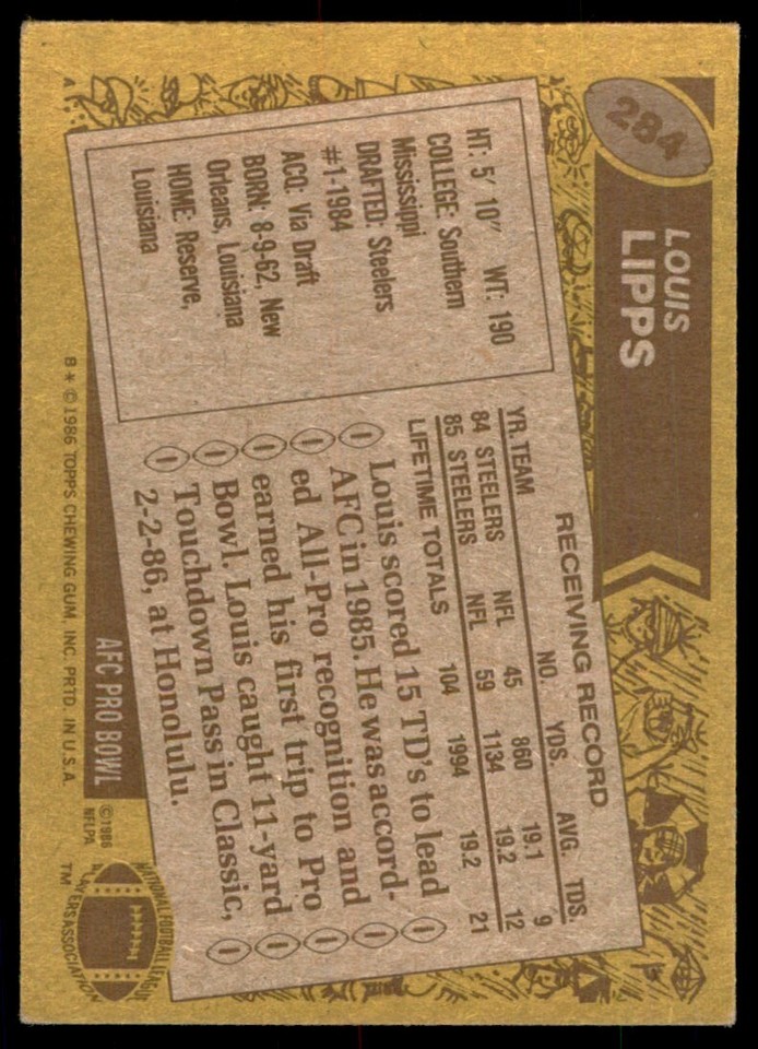 1986 TOPPS LOUIS LIPPS. PITTSBURGH STEELERS #284 | eBay