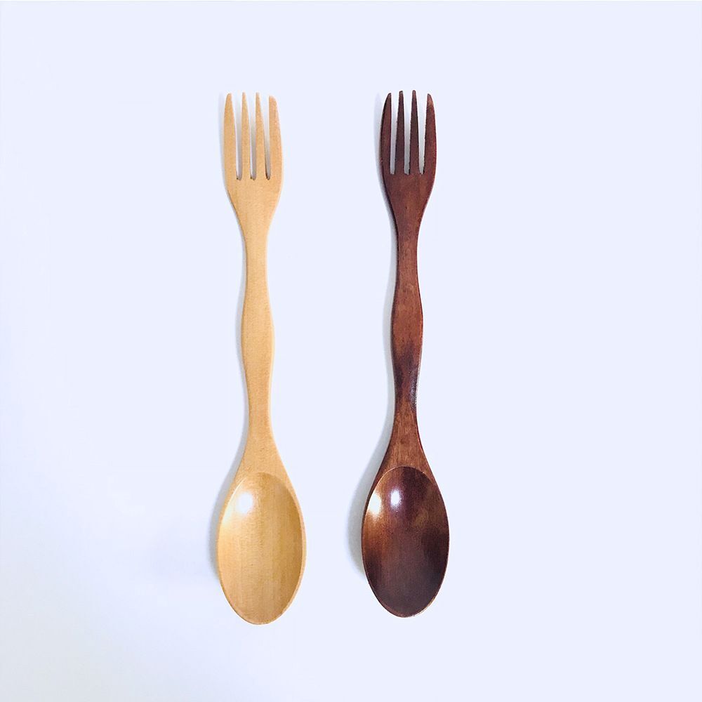 Flatware Tableware Fruit Natural Wood Spoon Fork Dual Head 2 in 1 | eBay