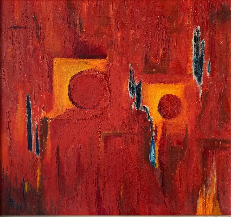 Oil Painting Red Abstract Composition 1979 B.Shoemaker Modern Art 44,7 ...
