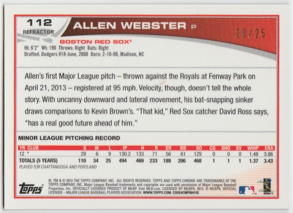 2013 Topps Chrome 112 Allen Webster RC Auto Red Refractor 20/25 ...