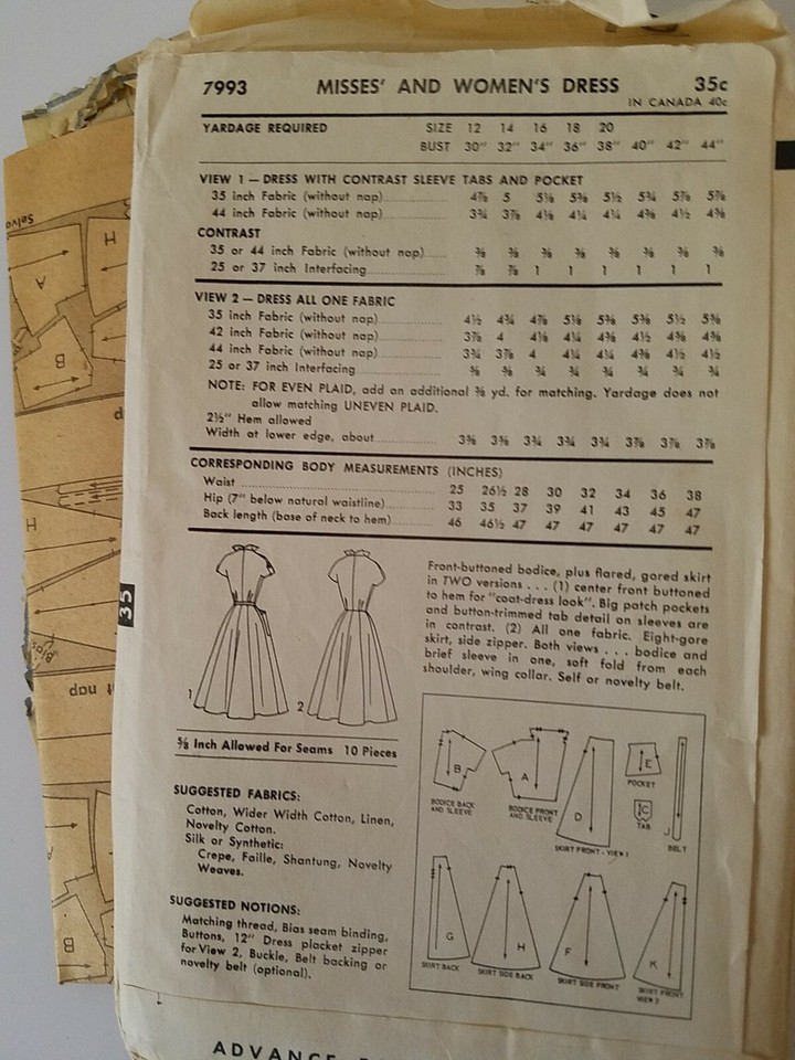 Vintage Advance Pattern 7993 Dress Sz 12 1950 | eBay