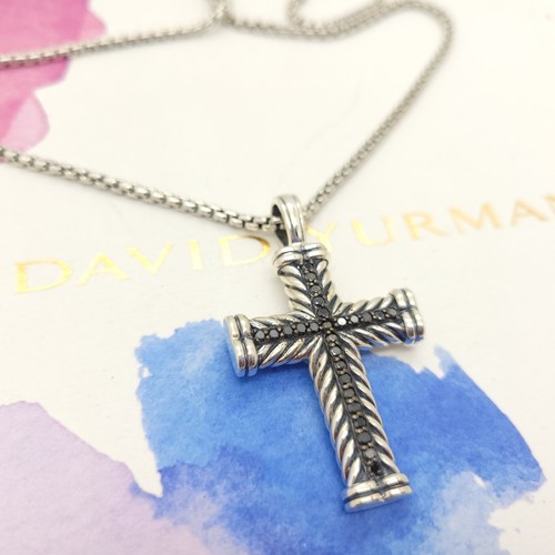 David Yurman Sterling Silver Black Diamond Large Chevron Cross with 20 ...