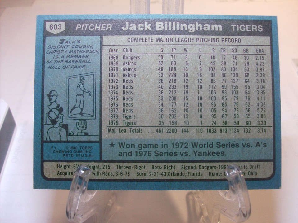 1980 Topps Baseball Card #603 - Jack Billingham DP - Detroit Tigers ...