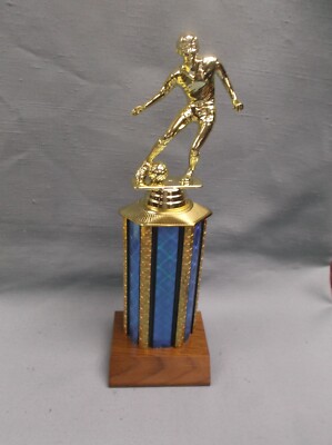 male kicker soccer trophy award blue column solid walnut base award | eBay