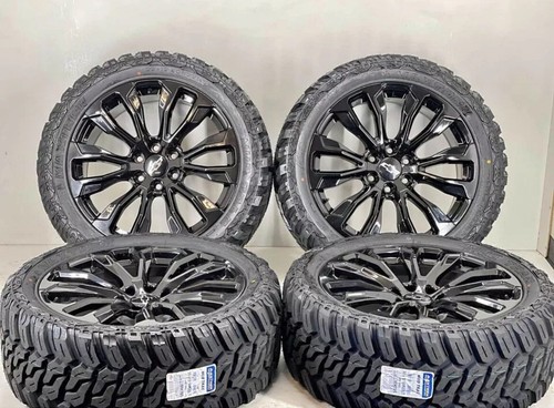 22" Gloss Black High Country Wheels Rims 33" MT Tires Chevy GMC ...
