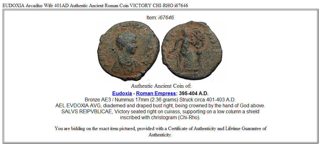 EUDOXIA Arcadius Wife 401AD Authentic Ancient Roman Coin VICTORY CHI ...