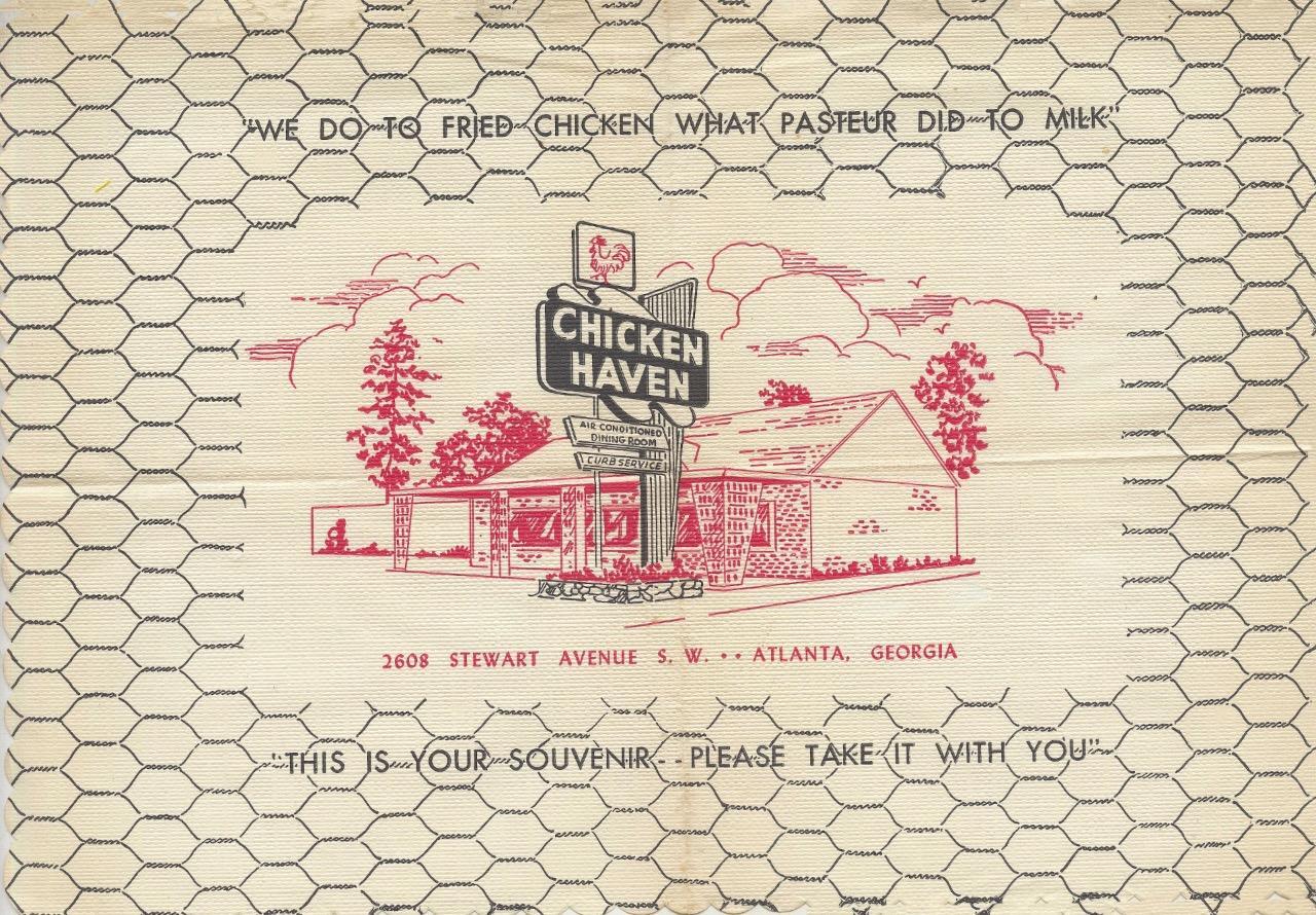 CHICKEN HAVEN ATLANTA GEORGIA PRINTED SOUVENIR NAPKIN CIRCA1960 REF ...