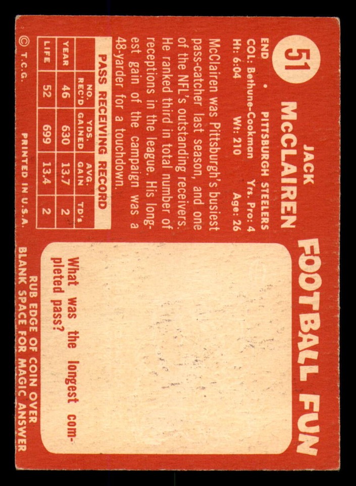 1958 Topps #51 Jack McClairen Excellent+ Steelers ID:387356 | eBay