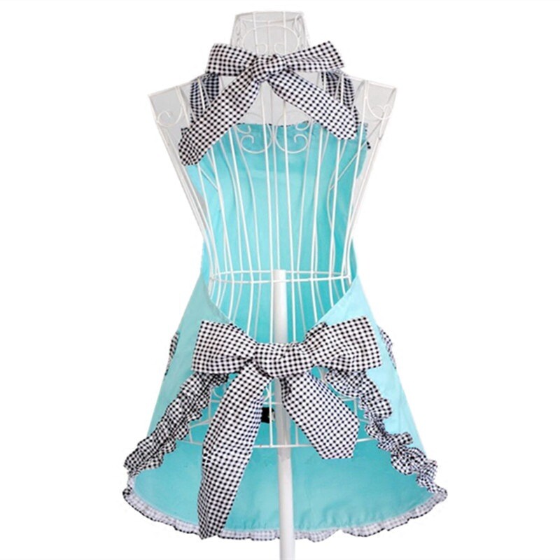 Retro Princess Women Bib Apron Check Frill Bow Pockets Maid Waitress ...