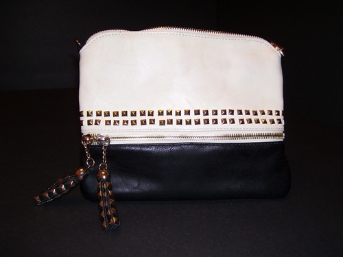 MMS Handbag Clutch Purse Tan Black Two Tone Studs Tassels Bag Gold ...