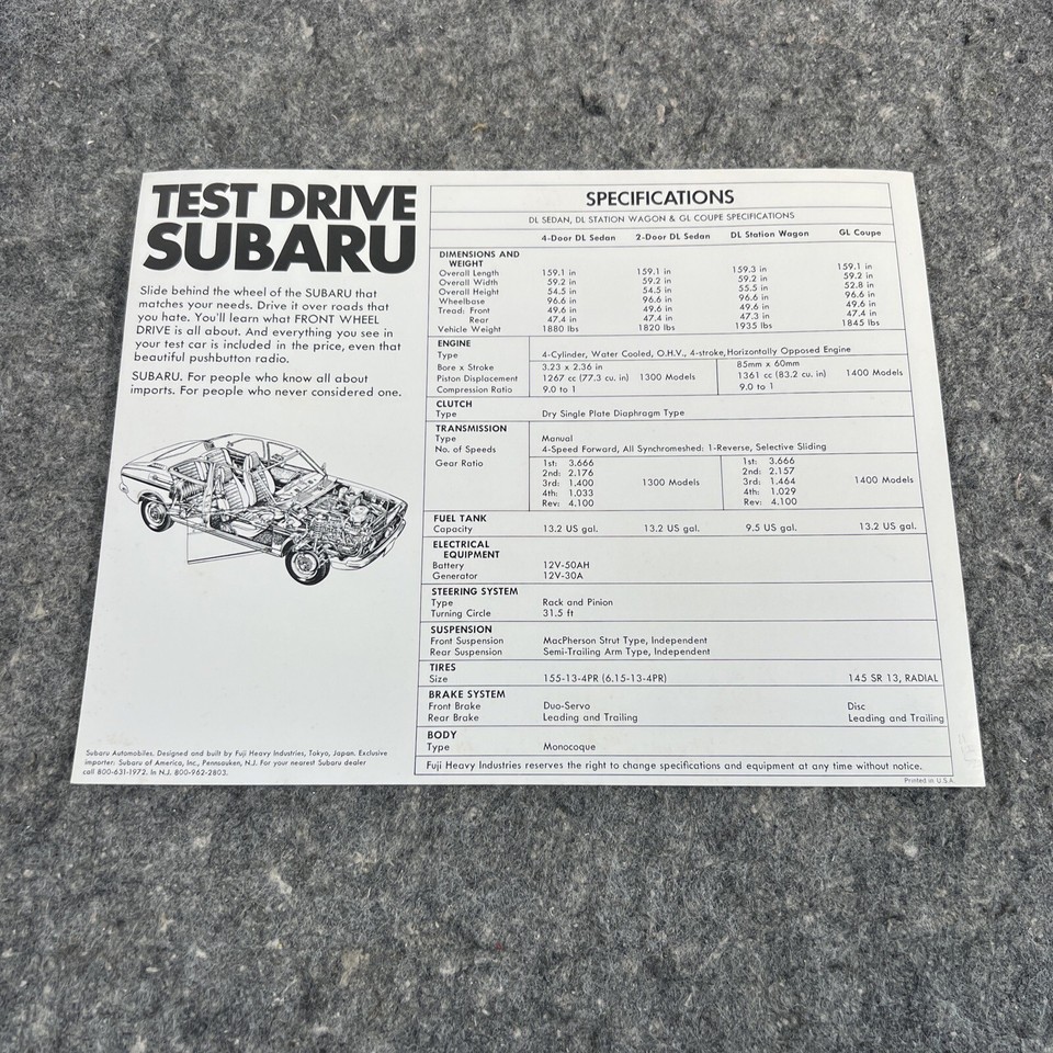 Orig 1973 Subaru front-wheel-drive Vintage 1-page Car Brochure Leaflet ...