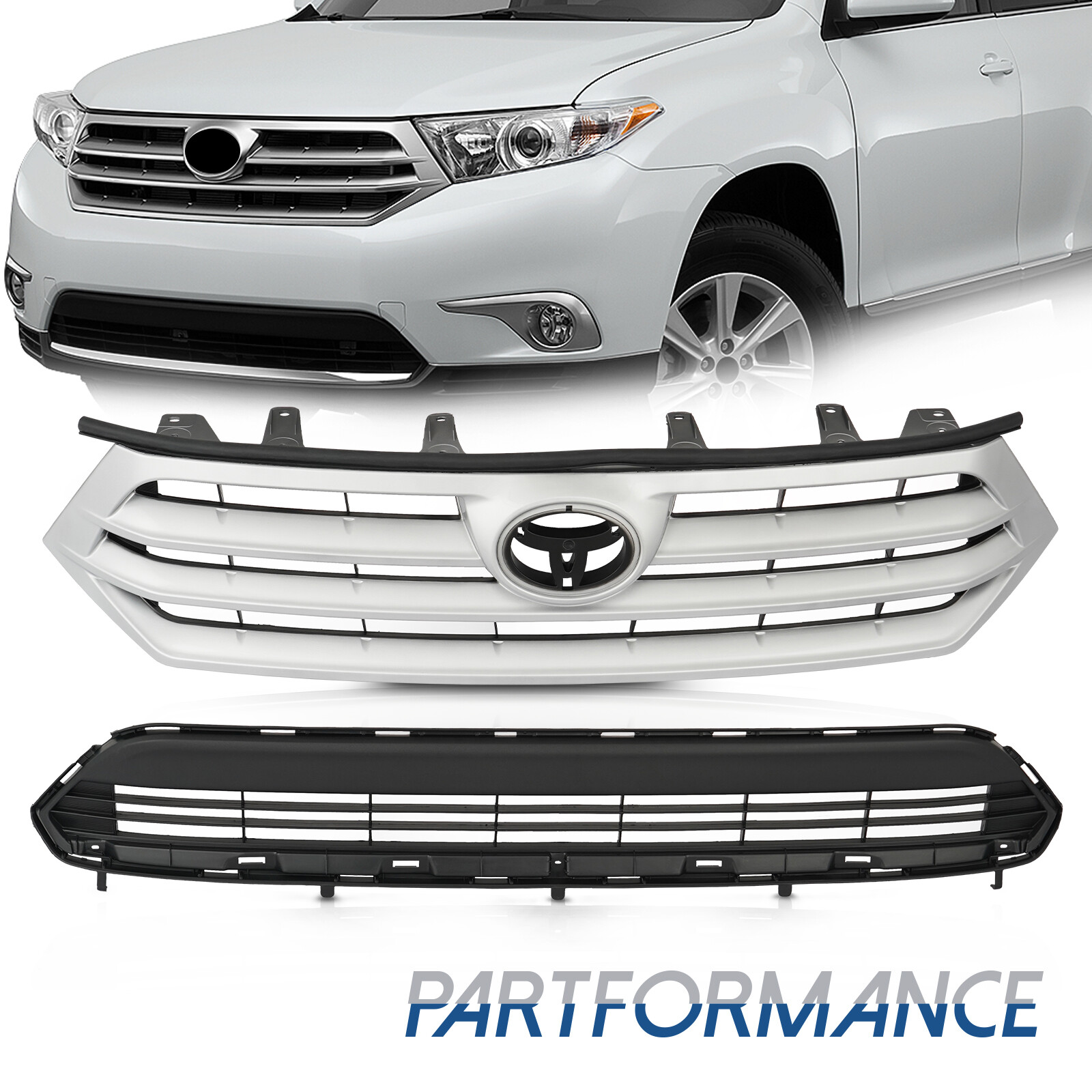 For 2011 2012 2013 Toyota Highlander Front Bumper Upper & Lower Grille ...