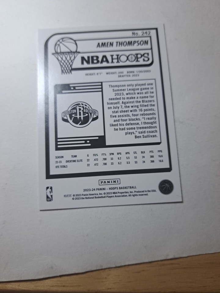 2023-24 Panini NBA Hoops Amen Thompson Rookie Card #242 Rockets WINTER ...