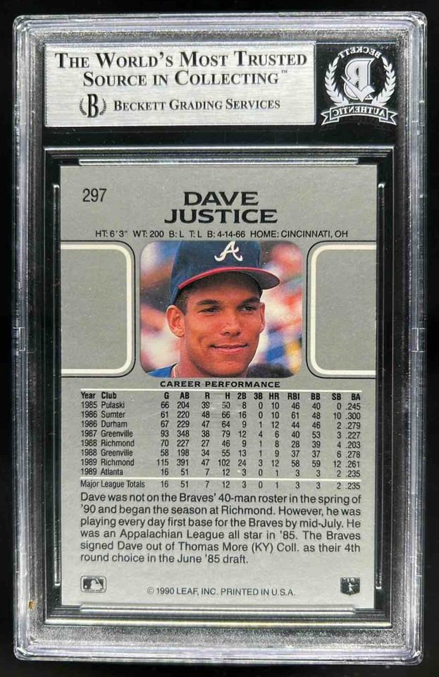 1990 Leaf Dave Justice Auto Rookie RC #297 Braves BGS Authentic | eBay