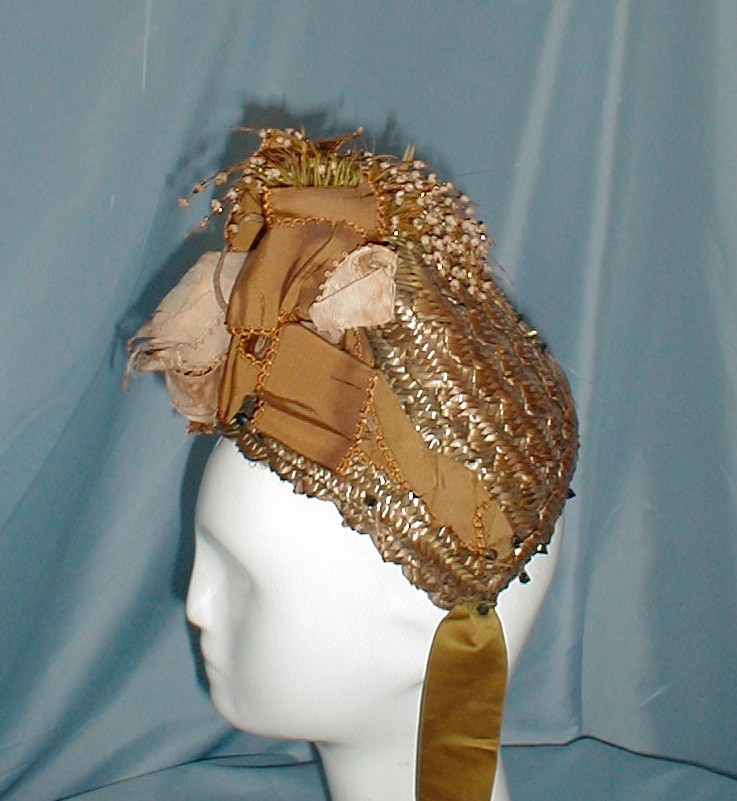 Delightful Antique Straw Hat Victorian 1880 Ribbon and Beaded Floral ...
