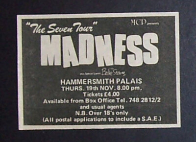 Madness Seven Tour London Show 1981 Mini Poster Type Concert Ad, Prom ...