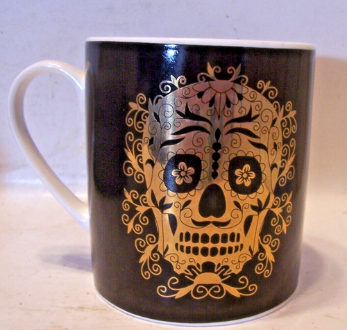 HALLOWEEN SPOOKY SKELETON SKULL COFFEE MUG - BLACK AND GOLD- FINE ...