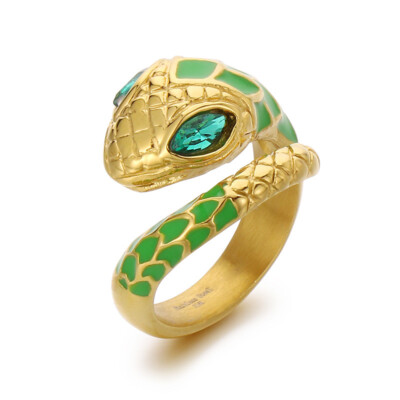 Green Enamel & CZ Eye Snake Ring for Men Women Stainless Steel Fashion ...