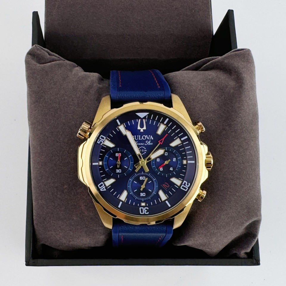Bulova Marine Star 97B168 Quartz Chronograph Blue dial Men's Watch 43mm ...