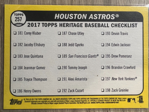 HOUSTON ASTROS Bright Yellow Back! 2017 TOPPS HERITAGE /25 World Series ...