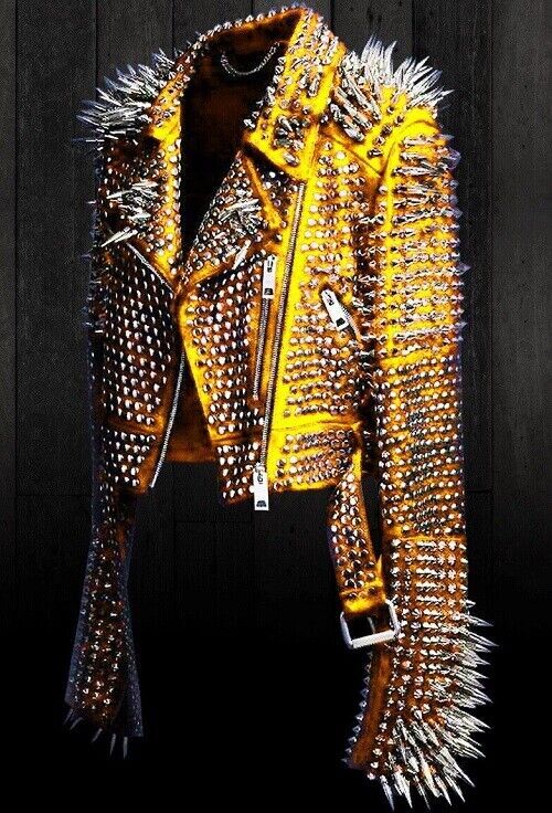 New Unisex Punk Rock Full Long Spiked Studded jacket Yellow Leather ...
