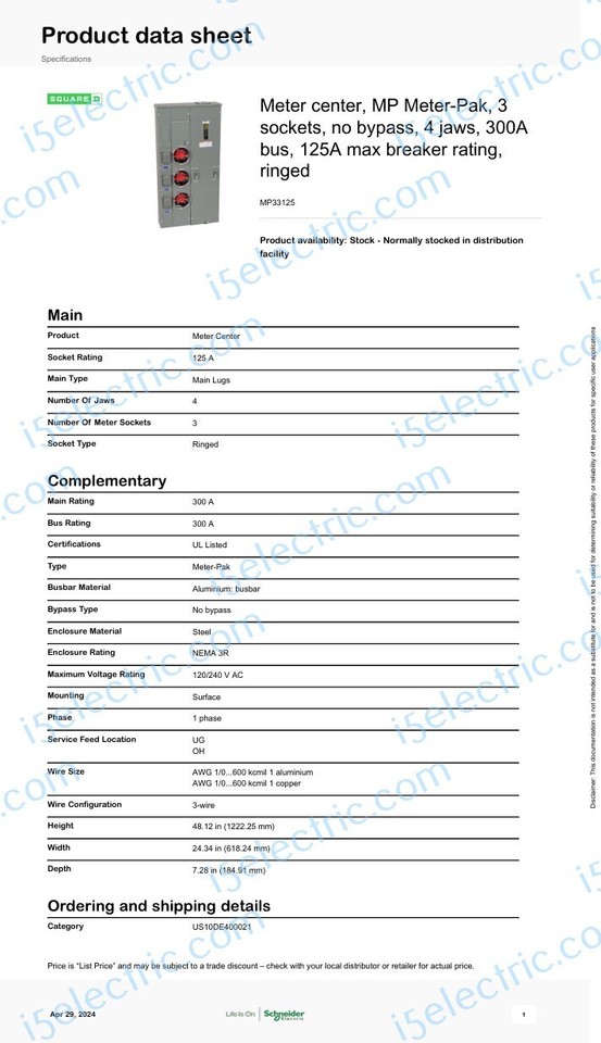 Square D MP33125 300 Amp 3 Gang 125A Meter OH/UG MP33-125 as WEP3311 ...