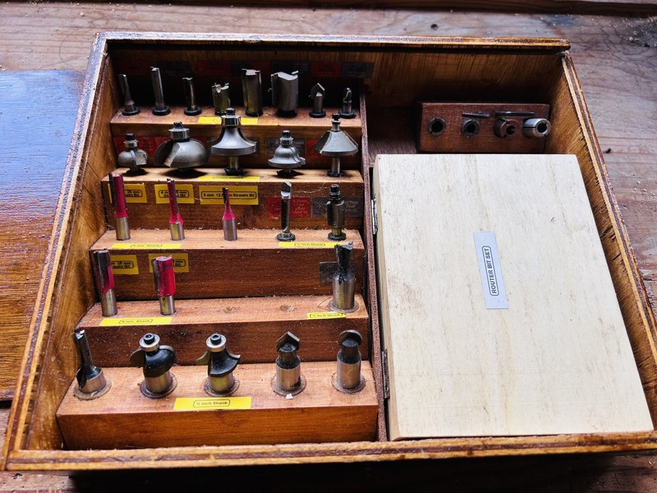 38 router bits & various collets in handmade wooden box | eBay UK