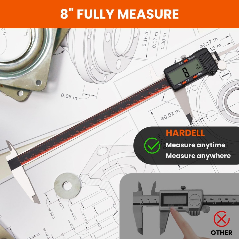 HARDELL Digital Caliper, 0-8 Inch Caliper Measuring Tool with Large LCD ...